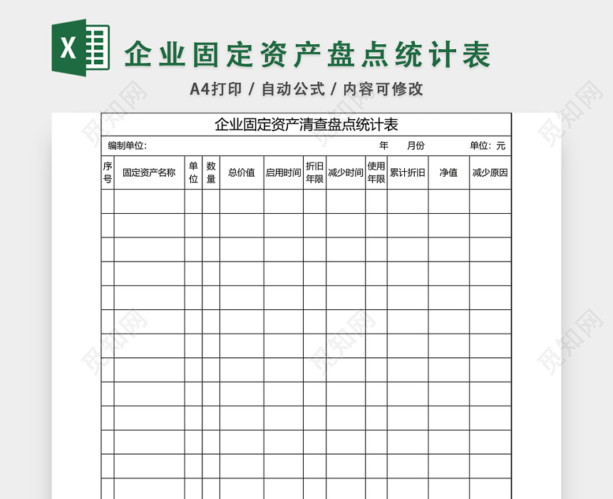 企业固定资产盘点统计表格EXCEL模板下载 觅知网
