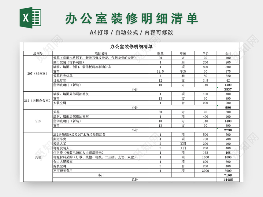 办公室装修预算表EXCEL模板下载 觅知网